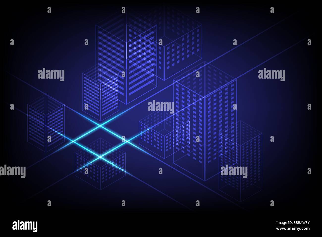 A high tech smart city skyline illustration composed of small glowing ...