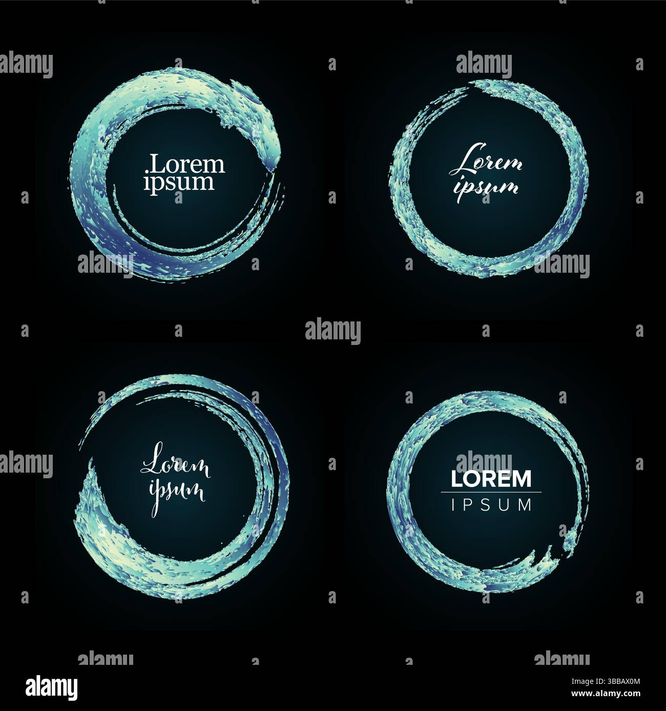A set of four abstract water circle frames rendered in shades of blue ...