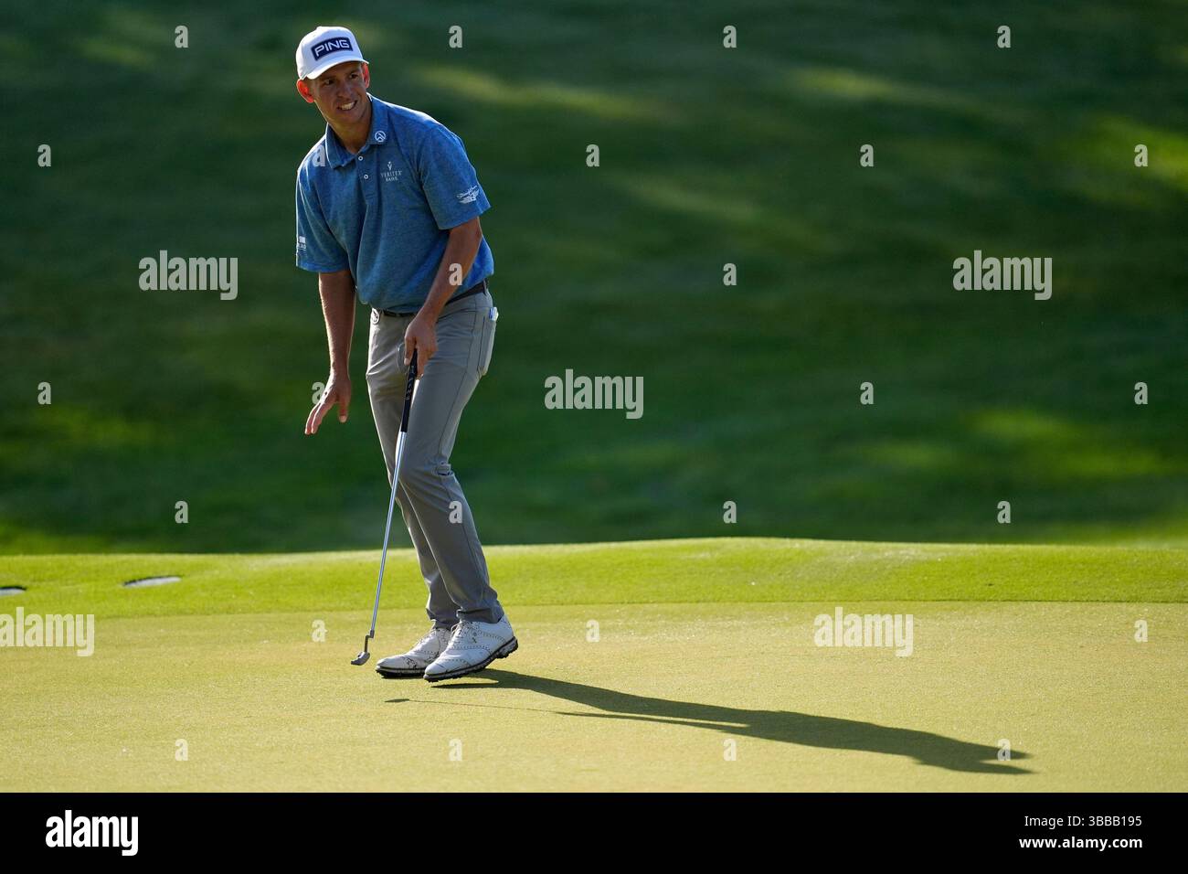 Sam Stevens reacts after missing a putt on the first hole during the ...