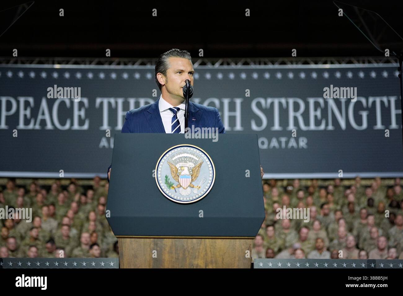 U.S. Secretary of Defense Pete Hegseth speaks at the Al Udeid Air Base, Thursday, May 15, 2025 ...