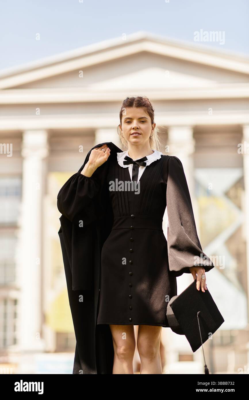 Young woman in graduation gown poses proudly with cap and robe at her ...