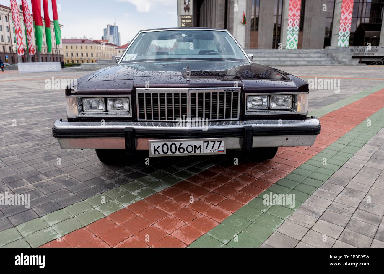 Minsk, Belarus, May 15, 2025 - Front view American classical luxury car ...