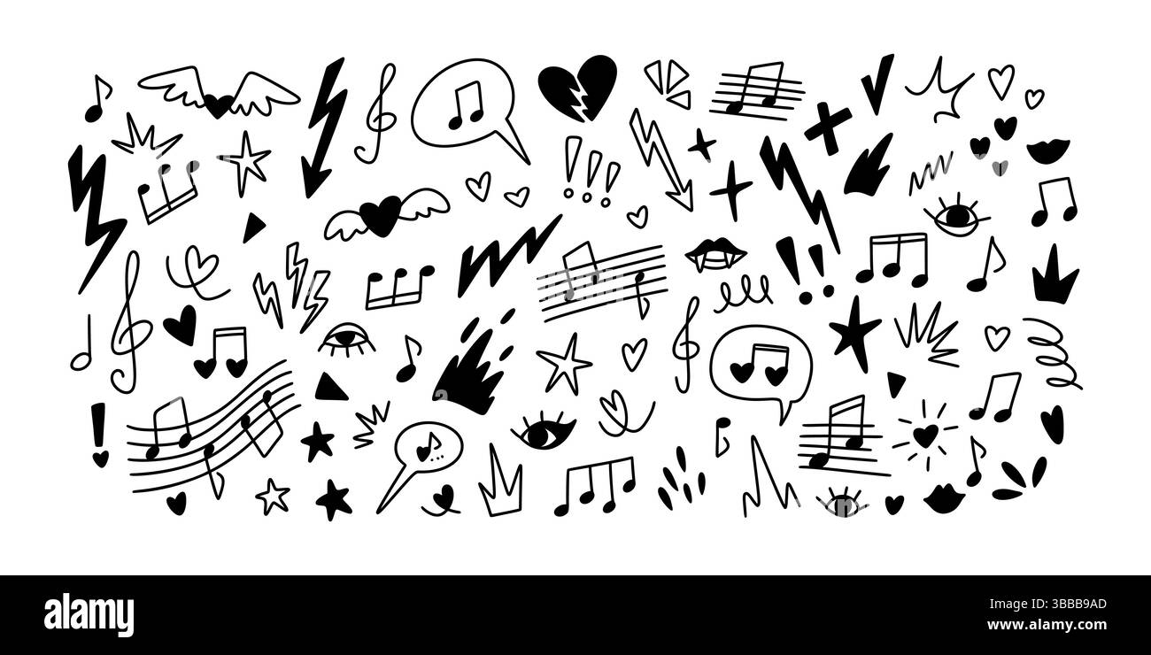 Punk rock music festival hand drawn background. Emo goth doodle girly ...