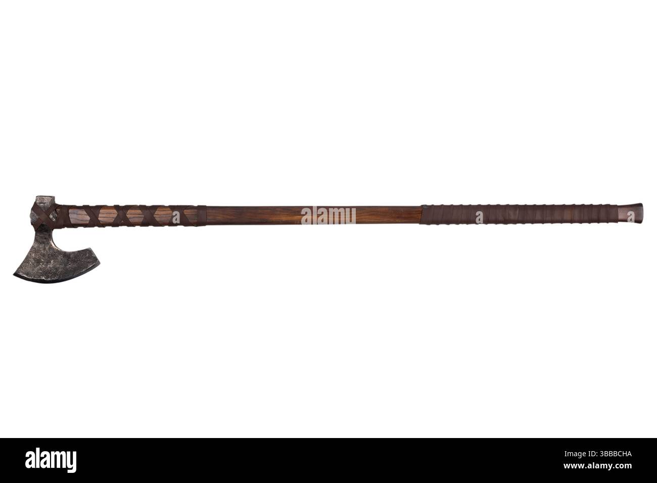 antique battle axe with long wooden handle on white background Stock ...