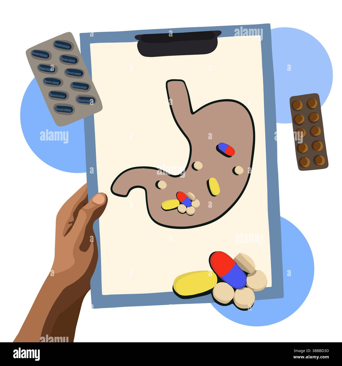 Vector isolated illustration of human stomach with pills and capsules ...