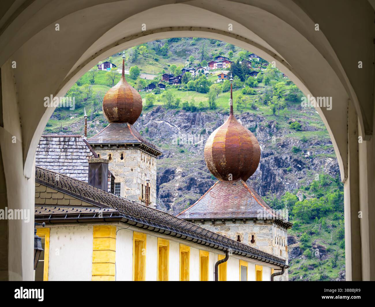 A picturesque view of a historical castle in Brig with distinctive ...