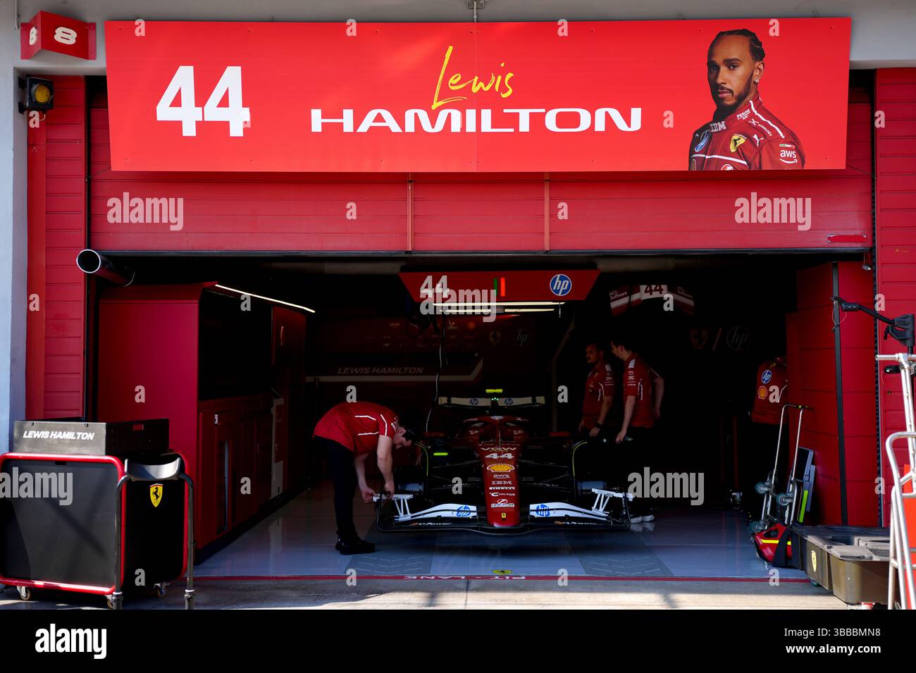 The car of Ferrari's Lewis Hamilton in the garage at the Autodromo ...