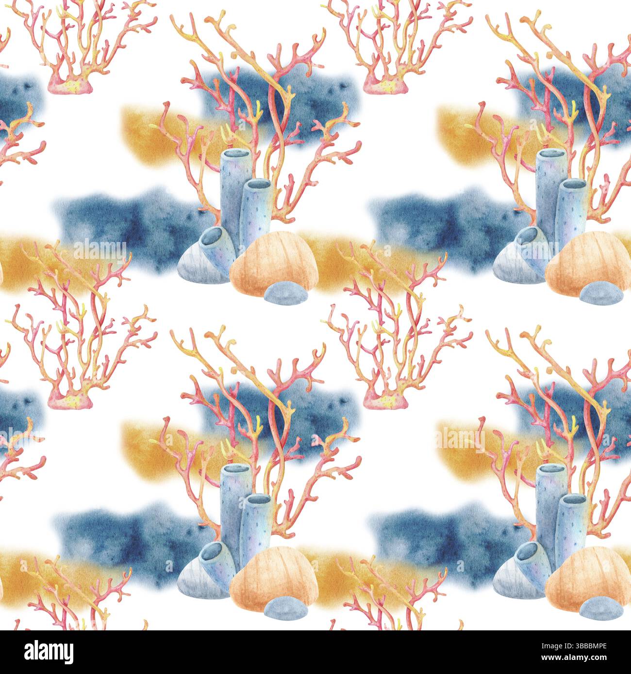 Seamless watercolor pattern with coral reef elements: anemones, sponges ...