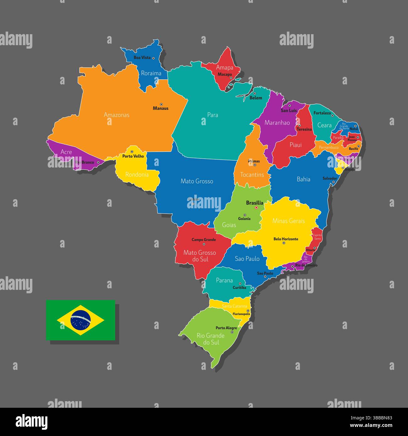 Vector map of Brazil with names of cities and with borders city Stock ...