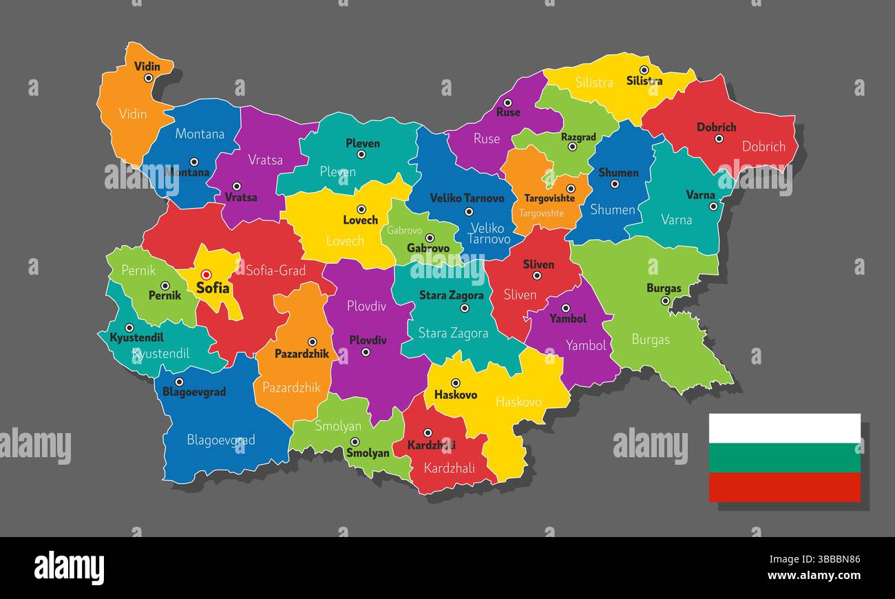 Vector map of Bulgaria with names of cities and with borders city Stock ...