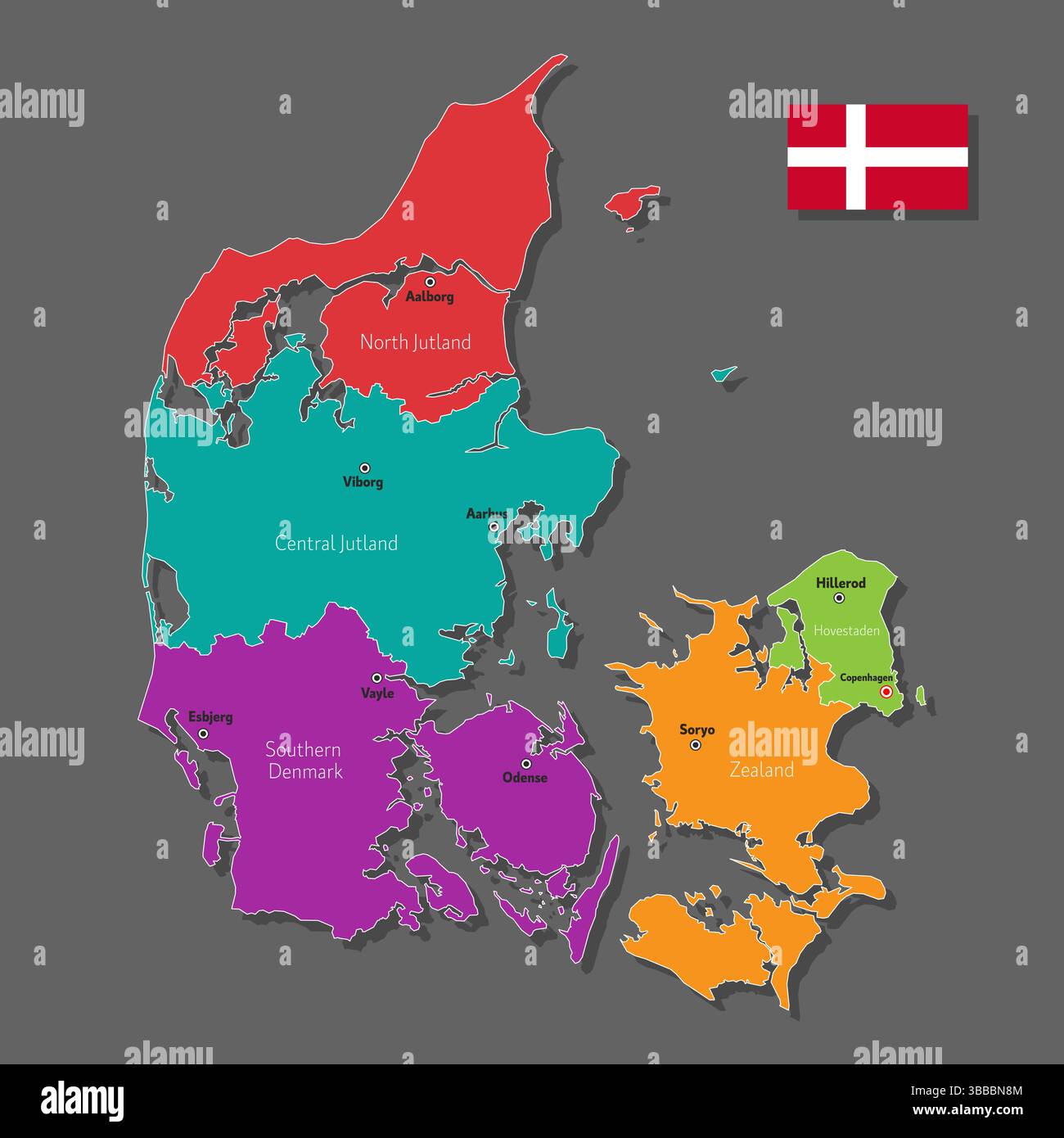 Vector map of Denmark with names of cities and with borders city Stock ...