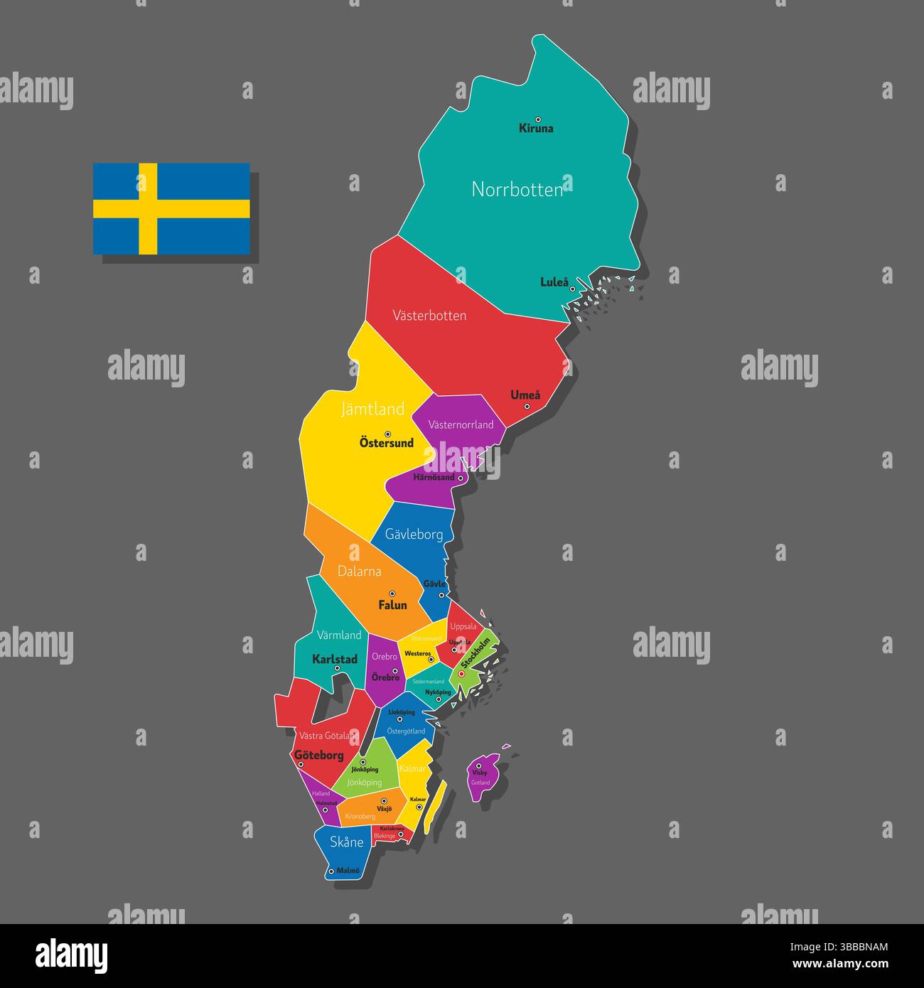 Vector map of Sweden with names of cities and with borders city Stock ...