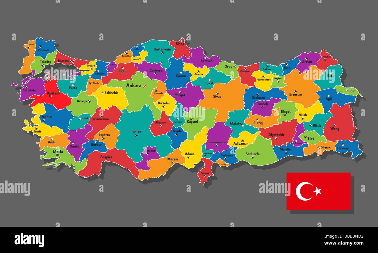 Vector map of Turkey with names of cities and with borders city Stock ...