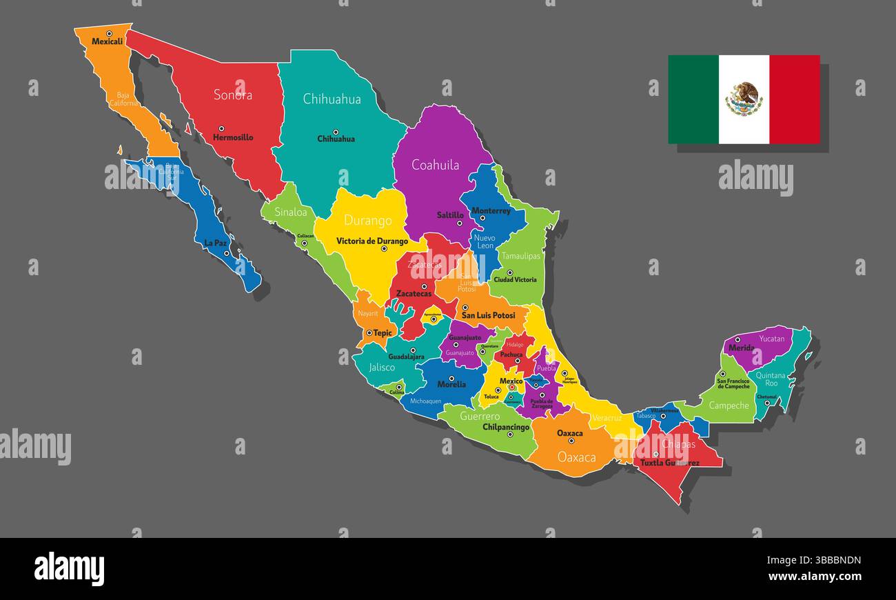 Vector map of Mexico with names of cities and with borders city Stock ...