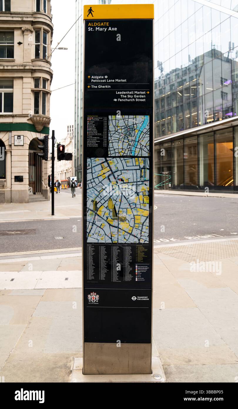 London, England, 11 July 2023, Pedestrian Navigation Sign at Aldgate ...
