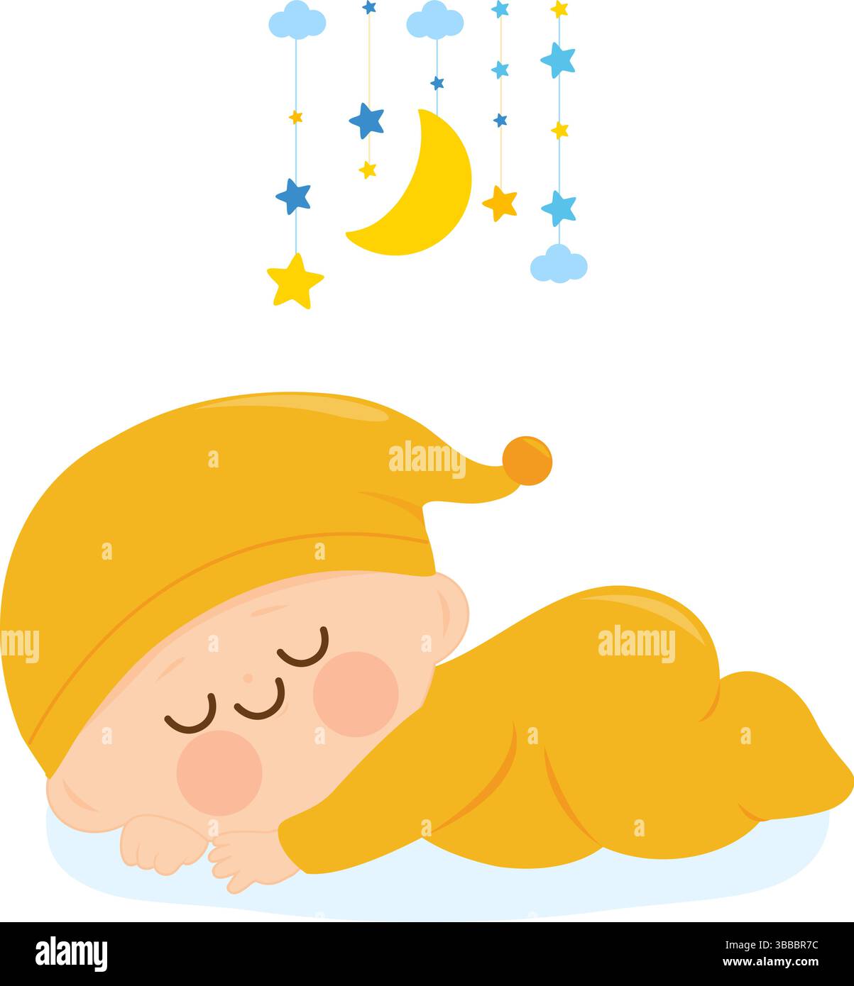 Baby infant child nap in yellow pajamas and night cap, sleep under a ...