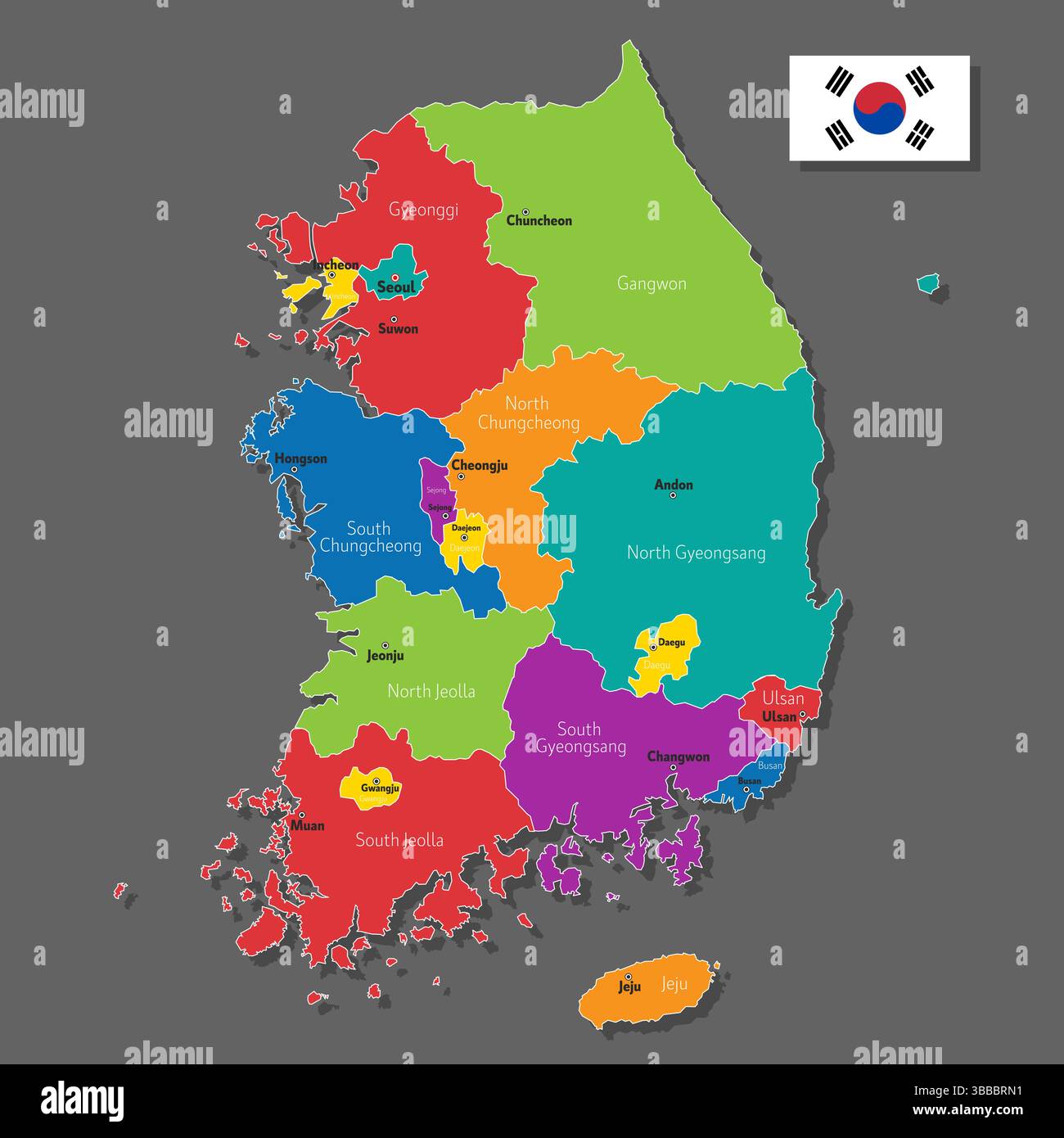Vector map of Korea with names of cities and with borders city Stock ...