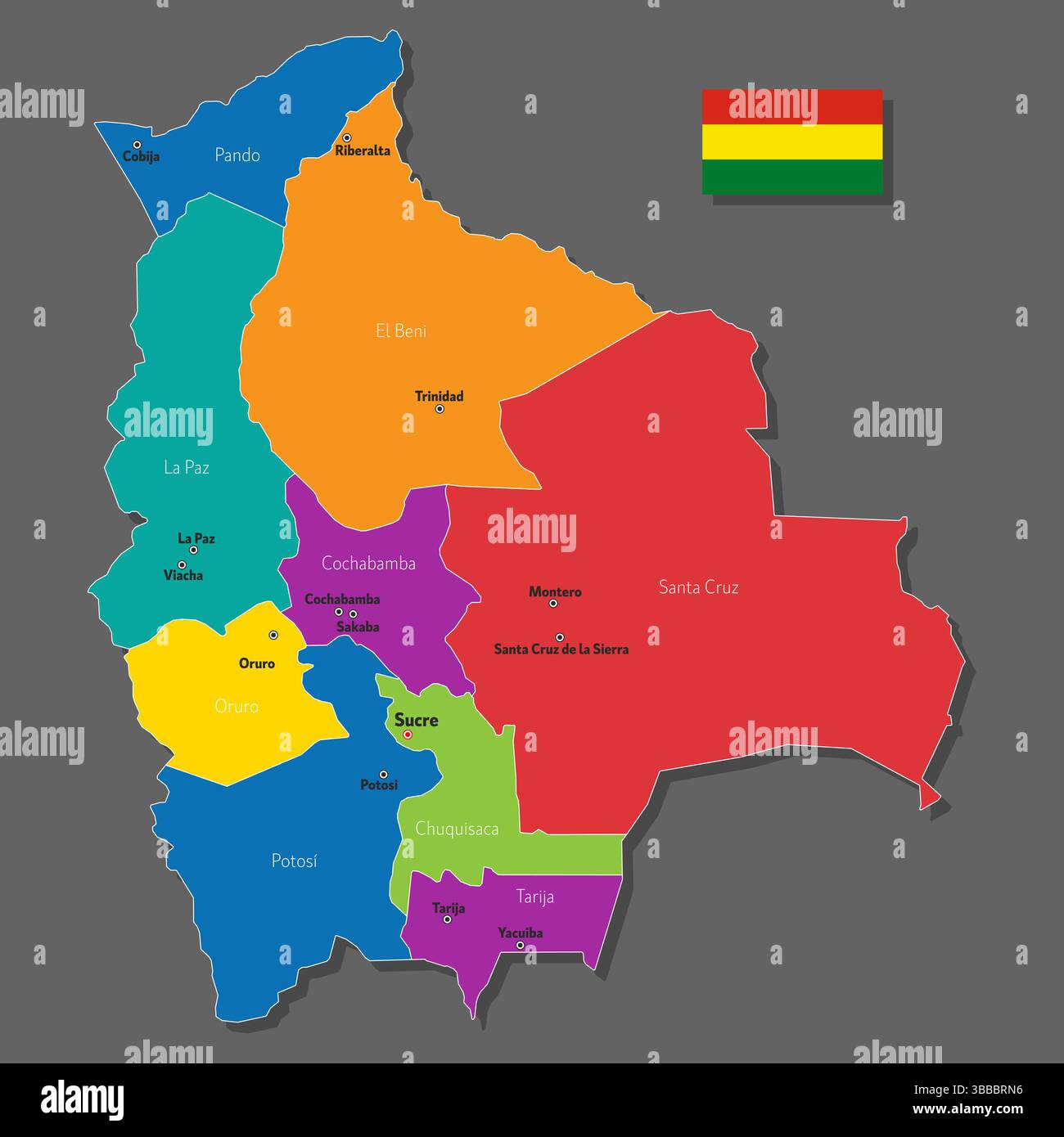 Vector map of Bolivia with names of cities and with borders city Stock ...