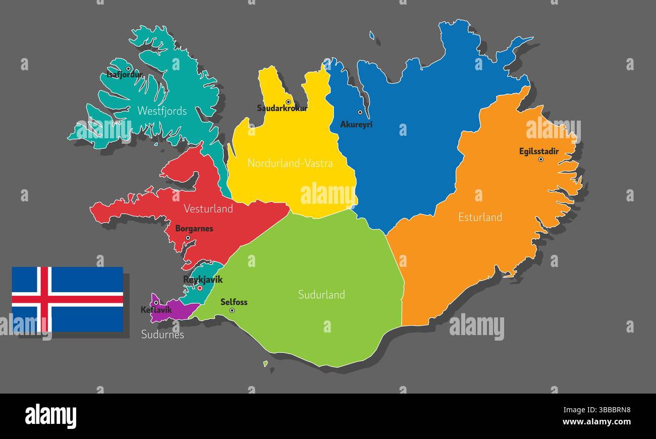 Vector map of Iceland with names of cities and with borders city Stock ...