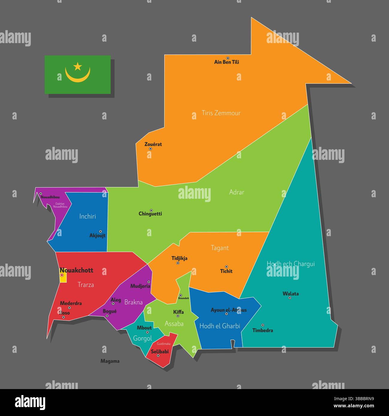 Vector map of Mauritania with names of cities and with borders city ...