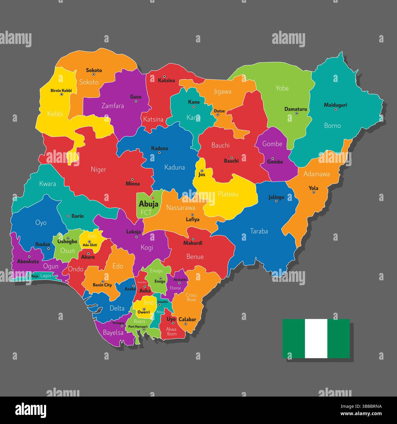 Vector map of Nigeria with names of cities and with borders city Stock ...