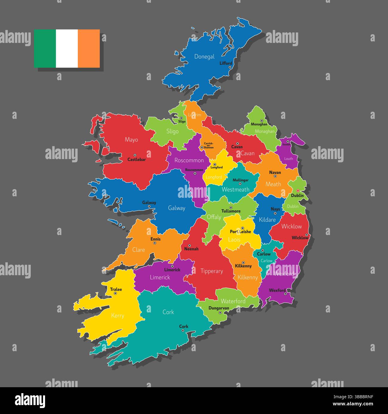 Vector map of Ireland with names of cities and with borders city Stock ...