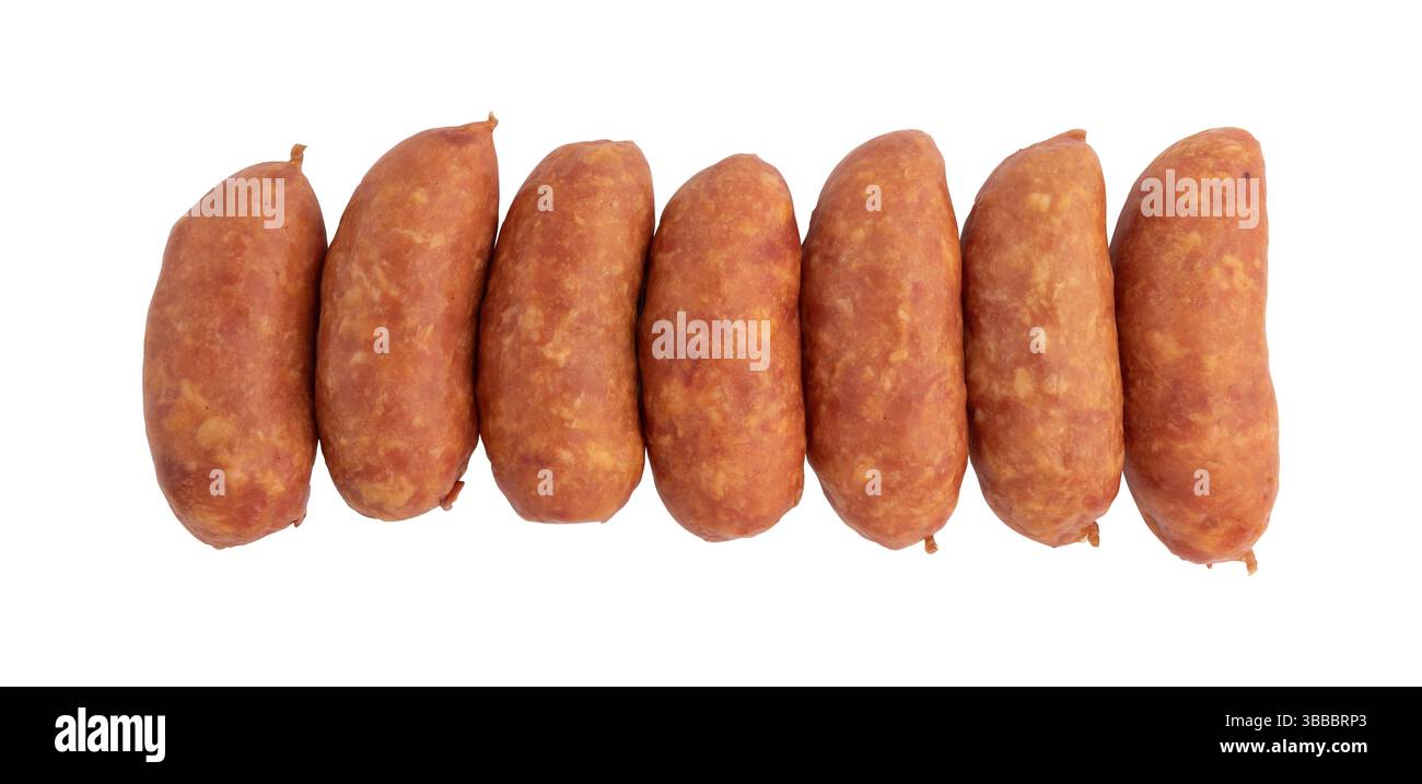 smoked sausage, jess cold meats isolated on white background, top view ...