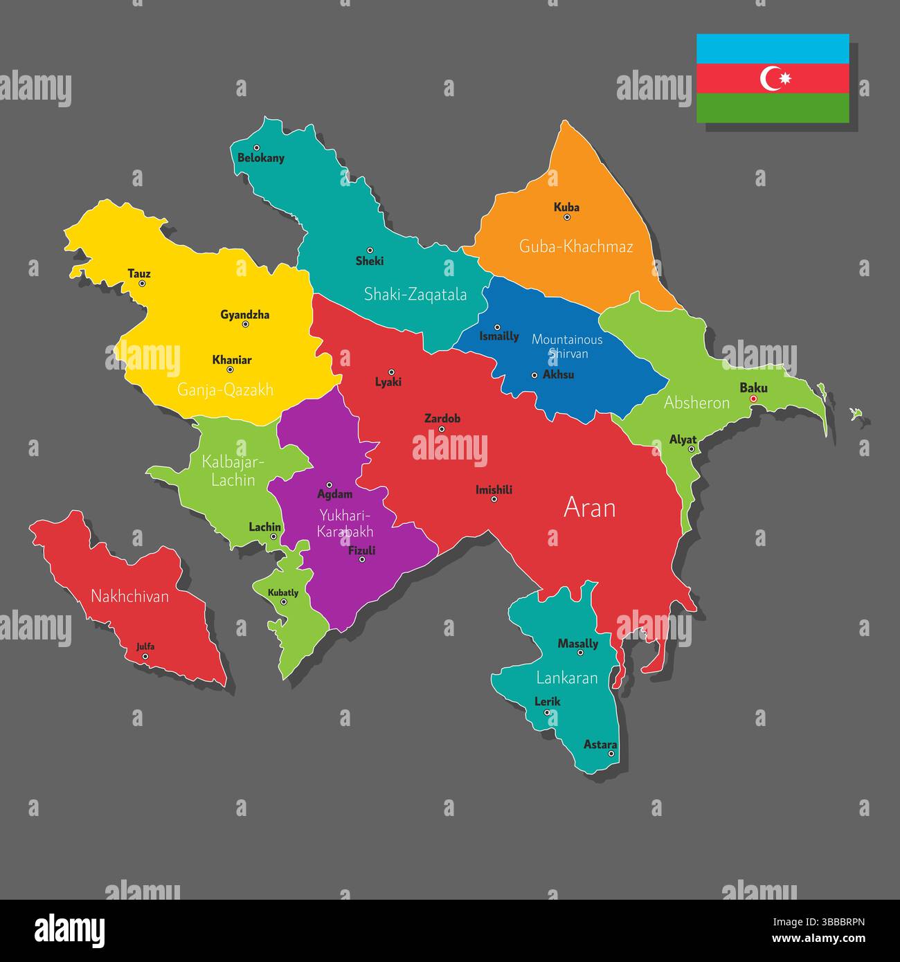 Vector map of Azerbaijan with names of cities and with borders city ...