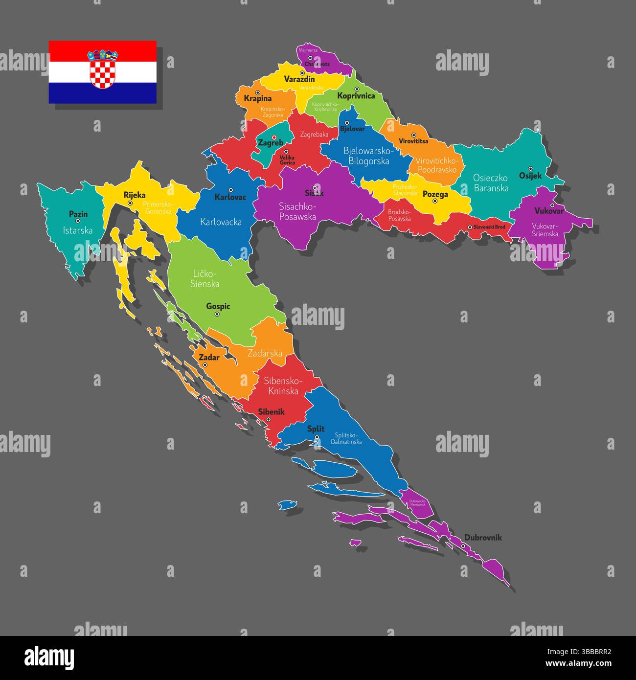 Vector map of Croatia with names of cities and with borders city Stock ...