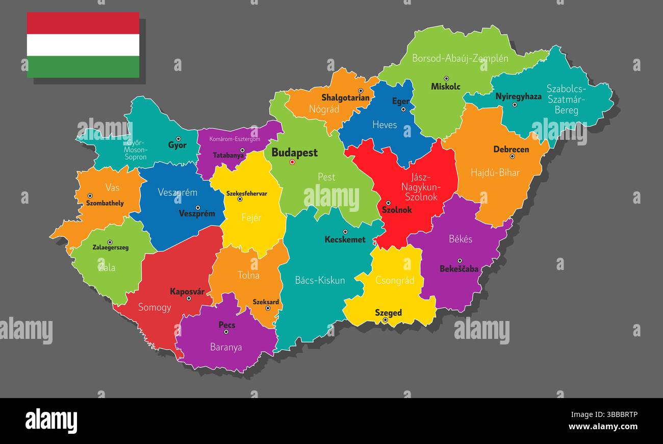 Vector map of Hungary with names of cities and with borders city Stock ...