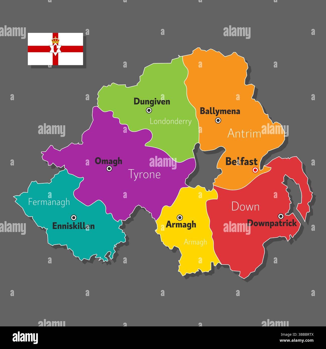 Vector map of Northern Ireland with names of cities and with borders ...