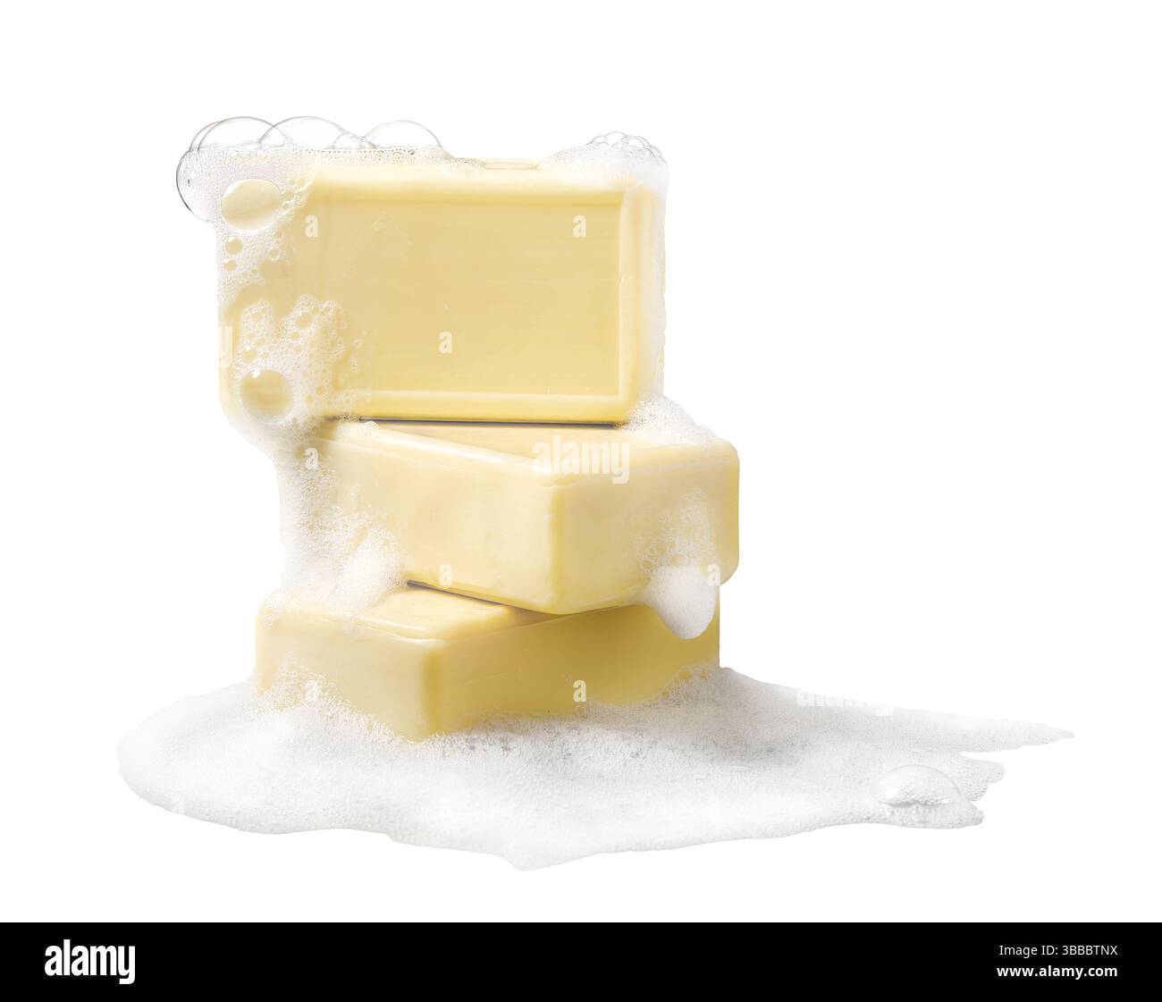 Stack of soap bars surrounded by suds with beautiful bubbles isolated ...