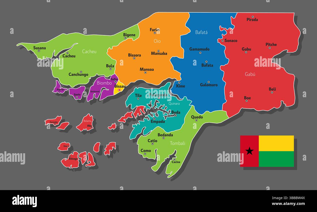Vector map of Guinea-Bissau with names of cities and with borders city ...
