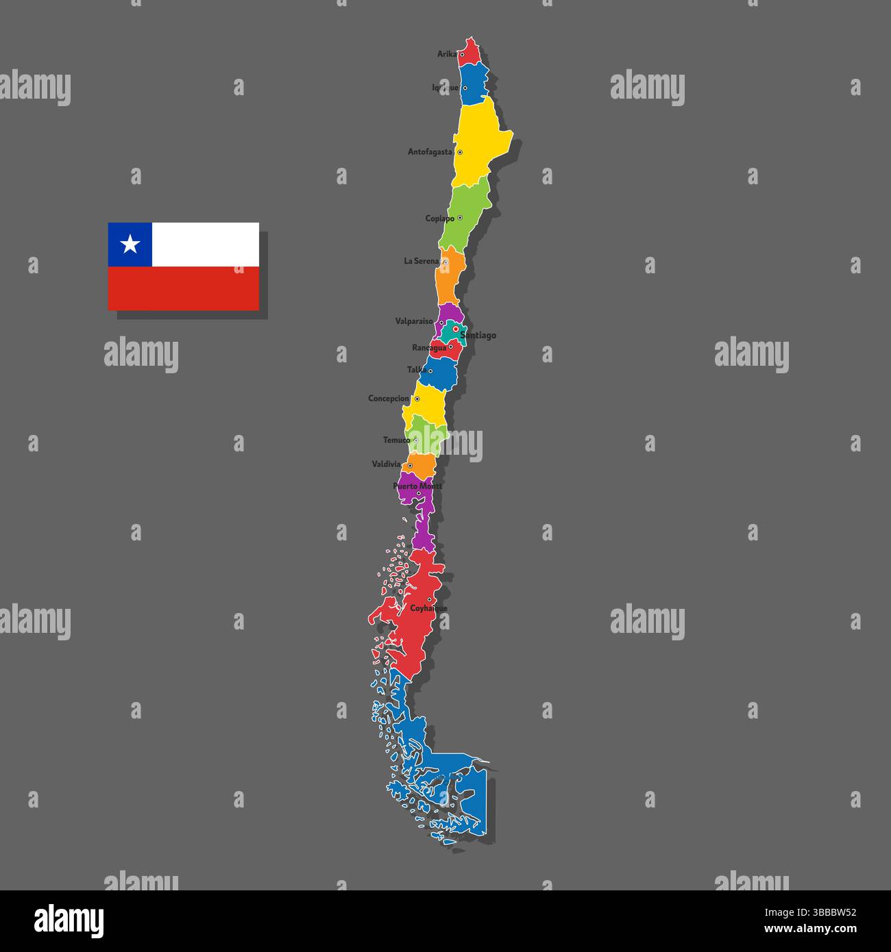 Vector map of Chile with names of cities and with borders city Stock ...