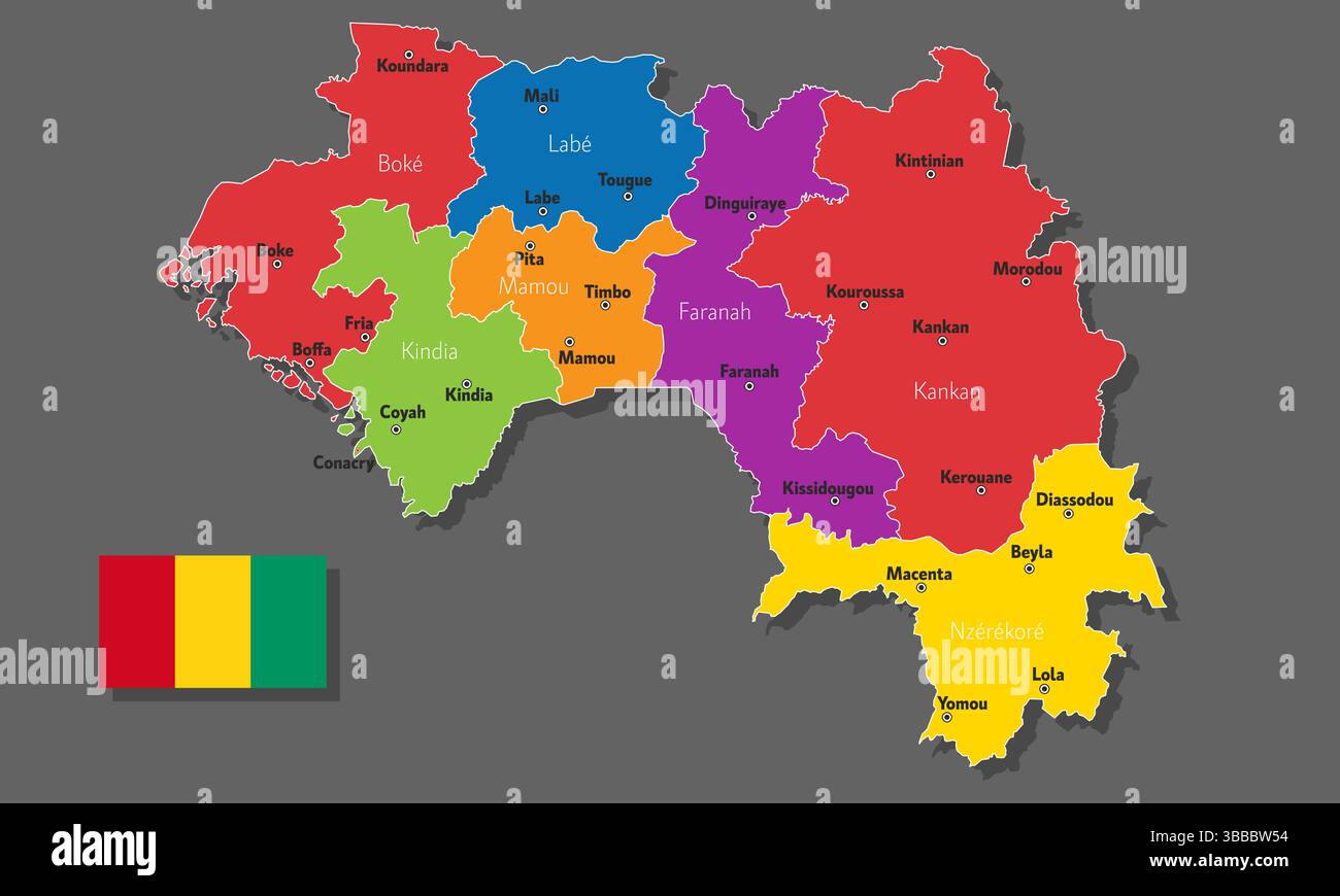 Vector map of Guinea with names of cities and with borders city Stock ...