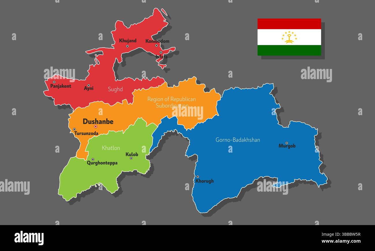 Vector map of Tajikistan with names of cities and with borders city ...