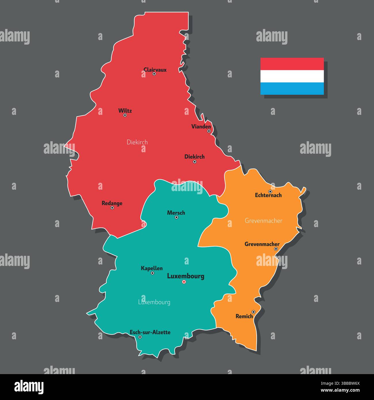 Vector map of Luxembourg with names of cities and with borders city ...