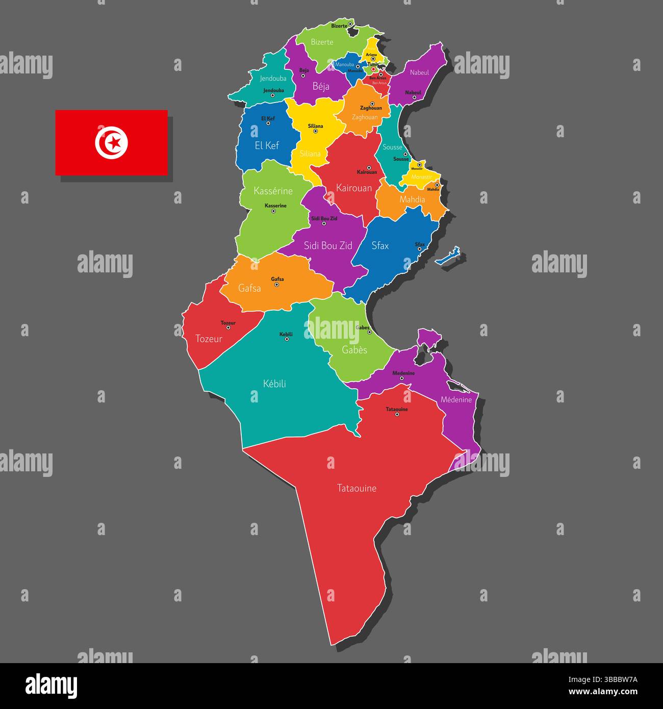 Vector map of Tunisia with names of cities and with borders city Stock ...