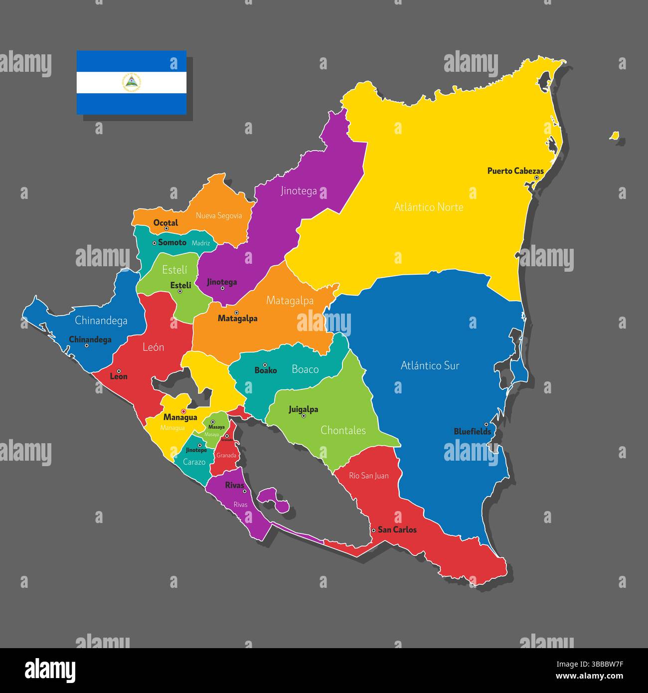 Vector map of Nicaragua with names of cities and with borders city ...