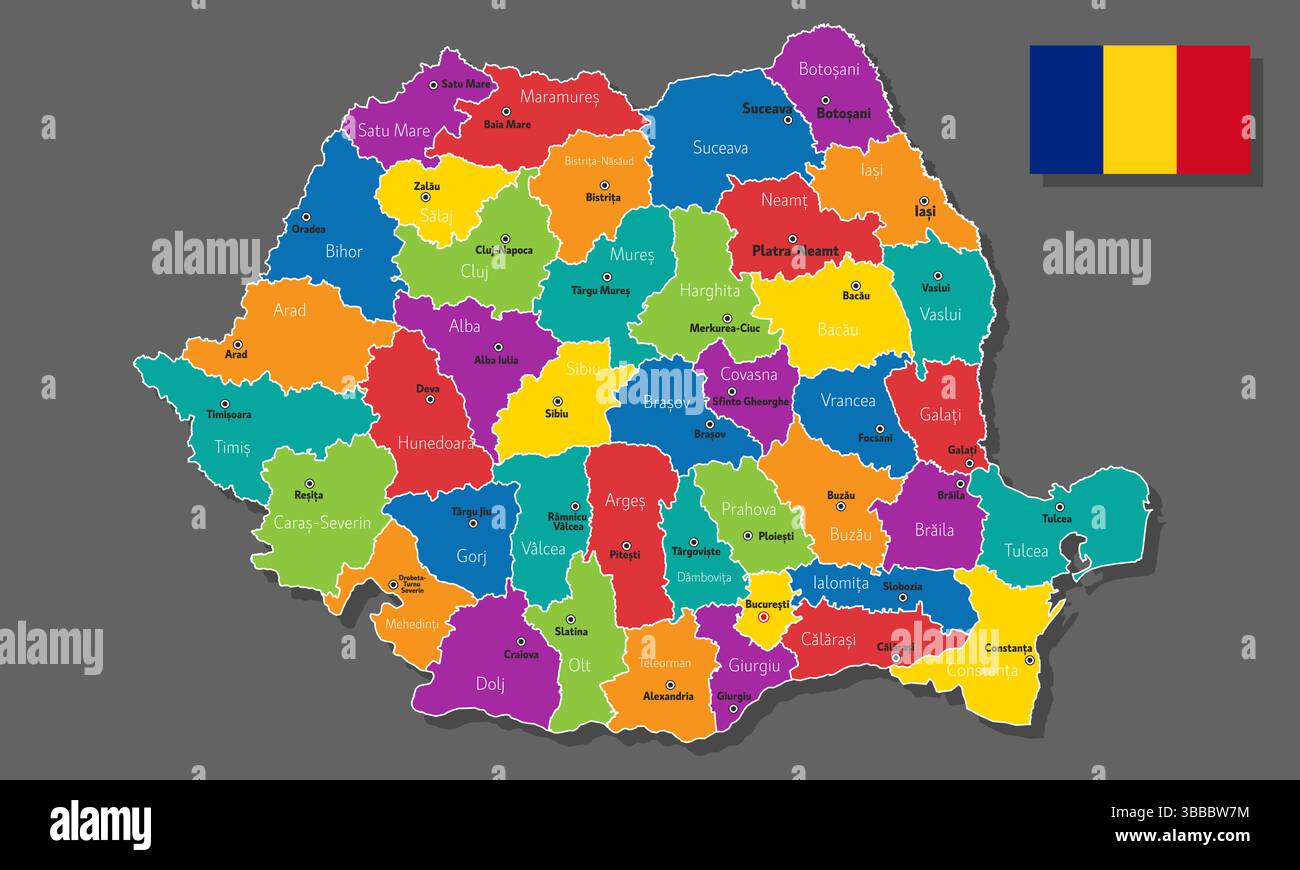 Vector map of Romania with names of cities and with borders city Stock ...