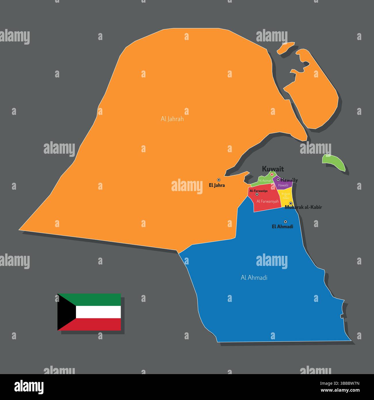 Vector map of Kuwait with names of cities and with borders city Stock ...