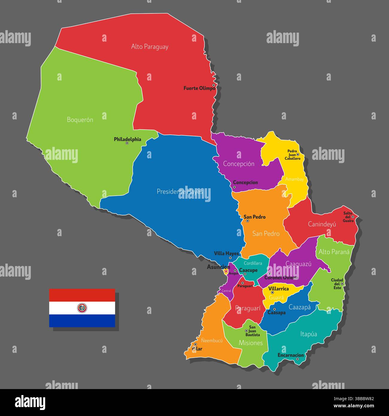 Vector map of Paraguay with names of cities and with borders city Stock ...