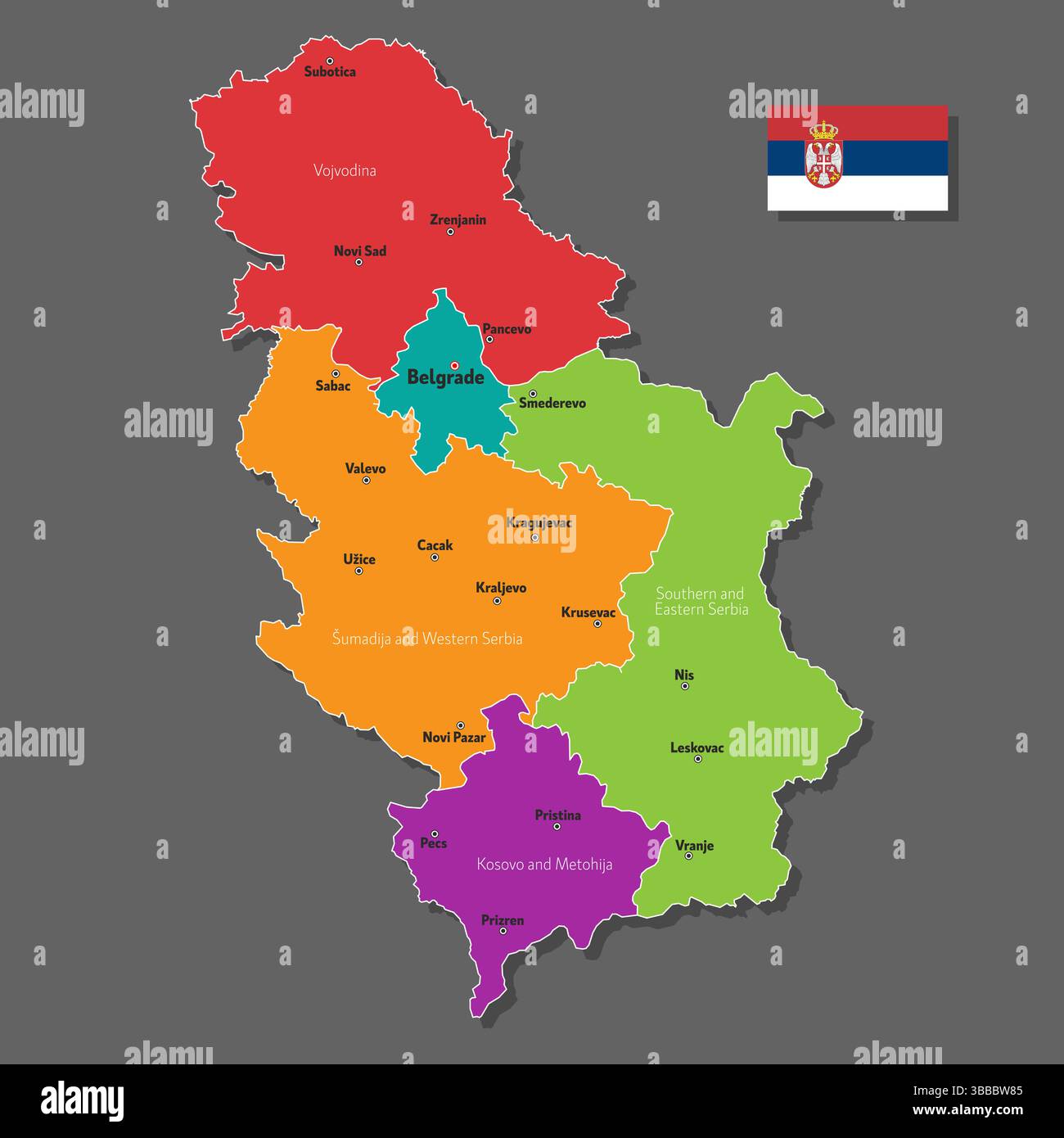 Vector map of Serbia with names of cities and with borders city Stock ...