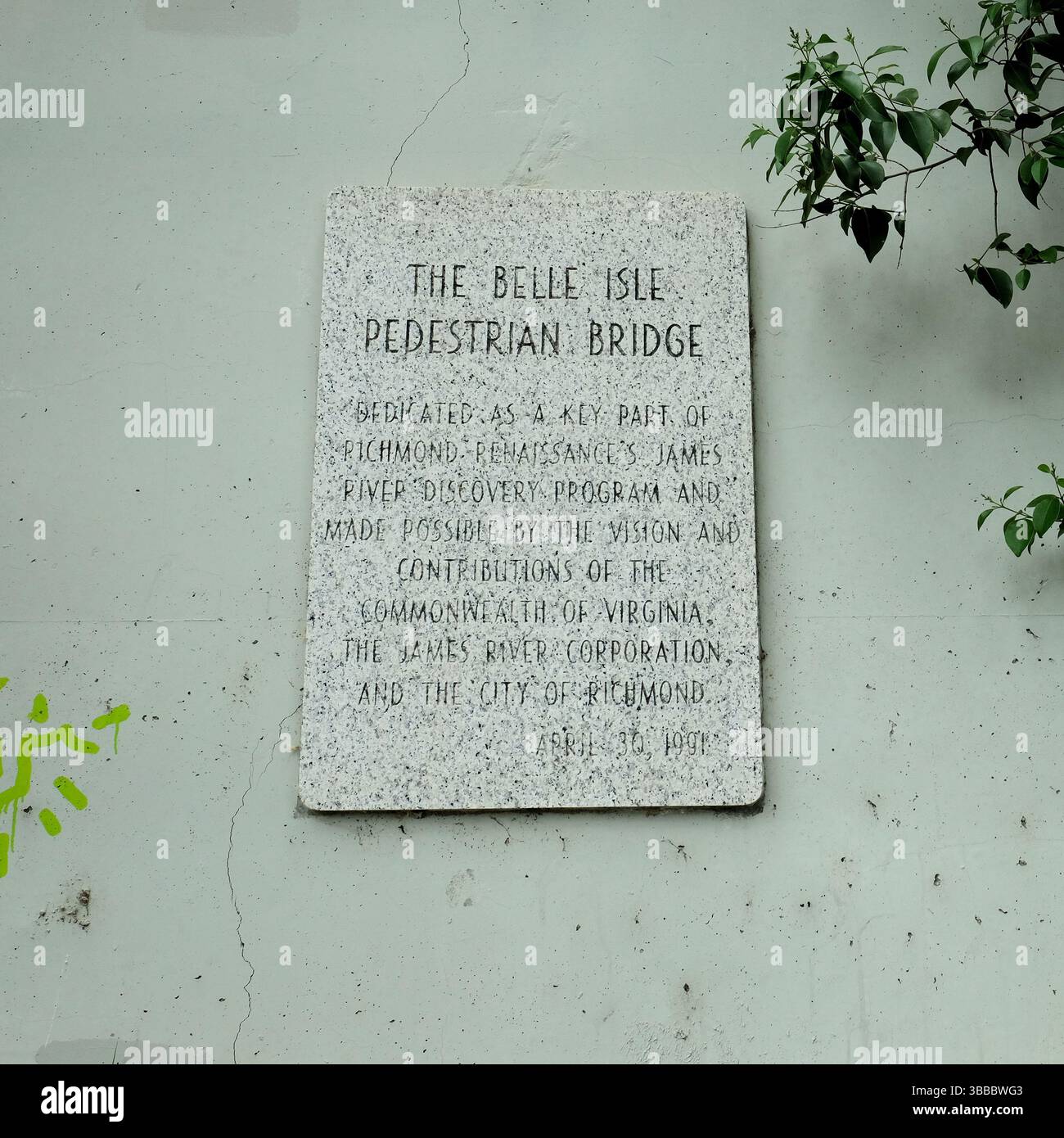 Engraved dedication marble sign at the Belle Isle Pedestrian Bridge ...