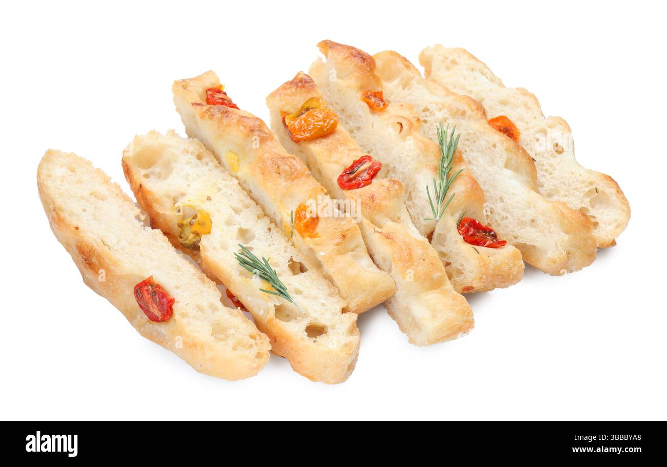 Cut delicious focaccia with tomatoes and rosemary isolated on white ...