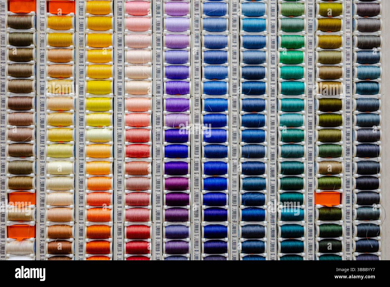 Colorful vertical rows of assorted sewing thread spools arranged by hue ...
