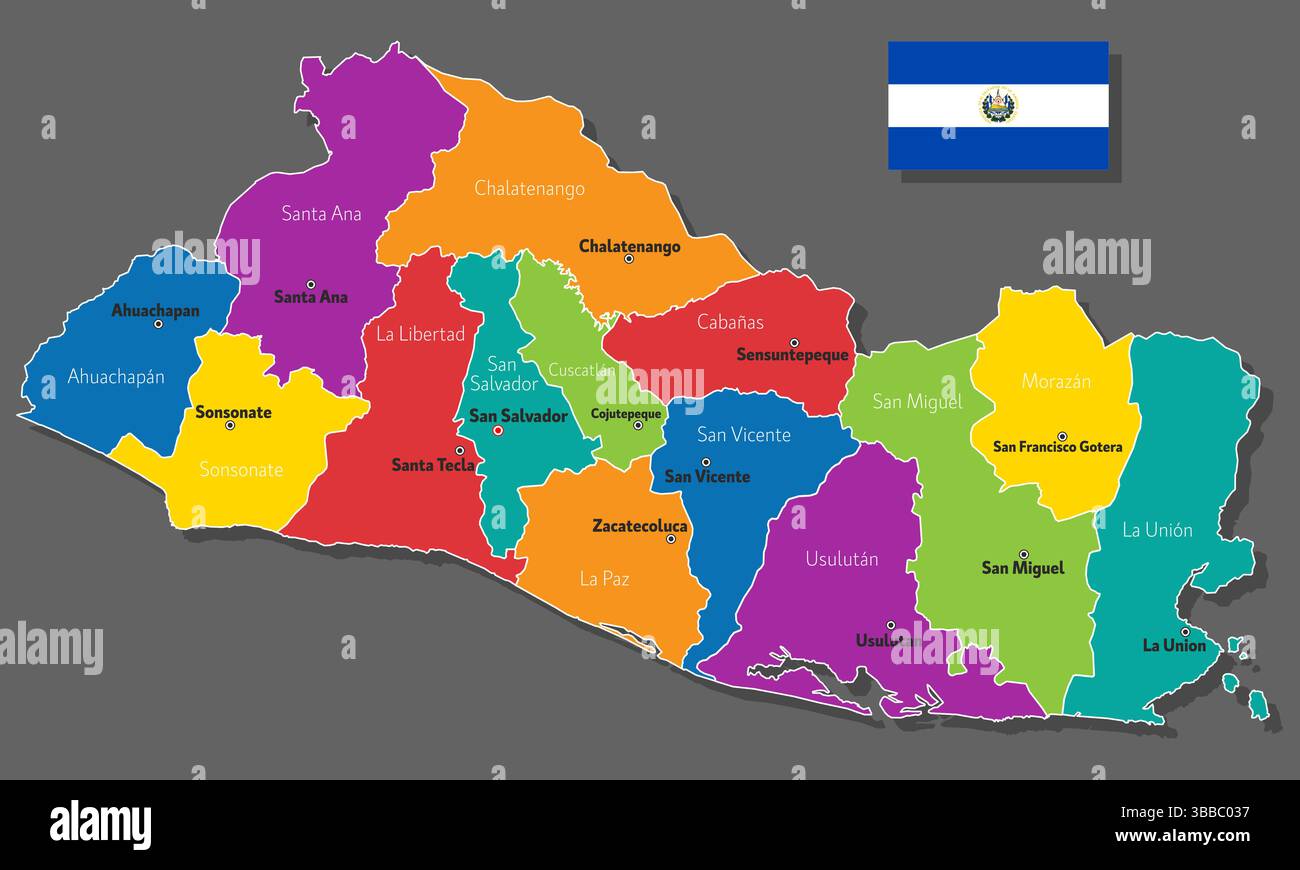 Vector map of El Salvador with names of cities and with borders city ...