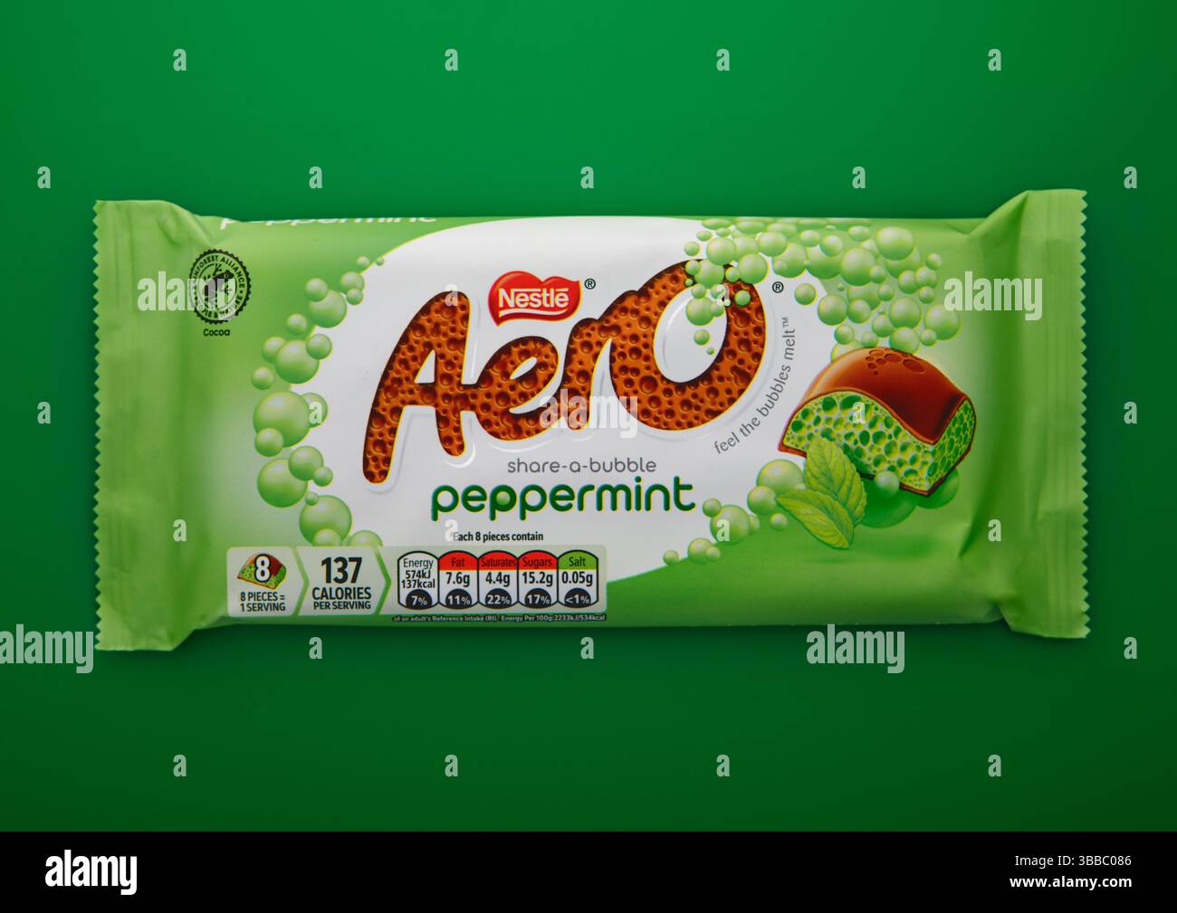 LONDON, UK - FEBRUARY 01, 2025: Aero peppermint chocolate bar on green ...