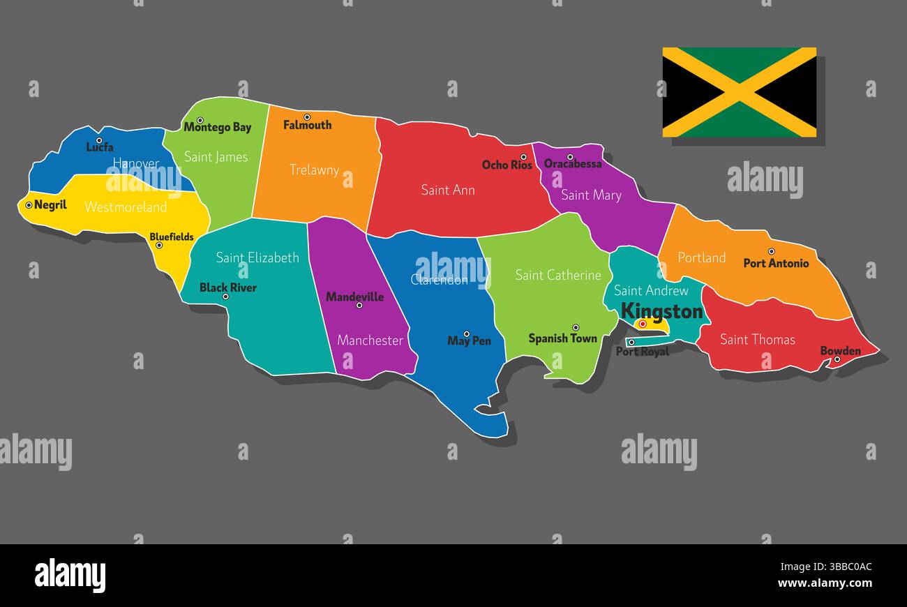 Vector map of Jamaica with names of cities and with borders city Stock ...