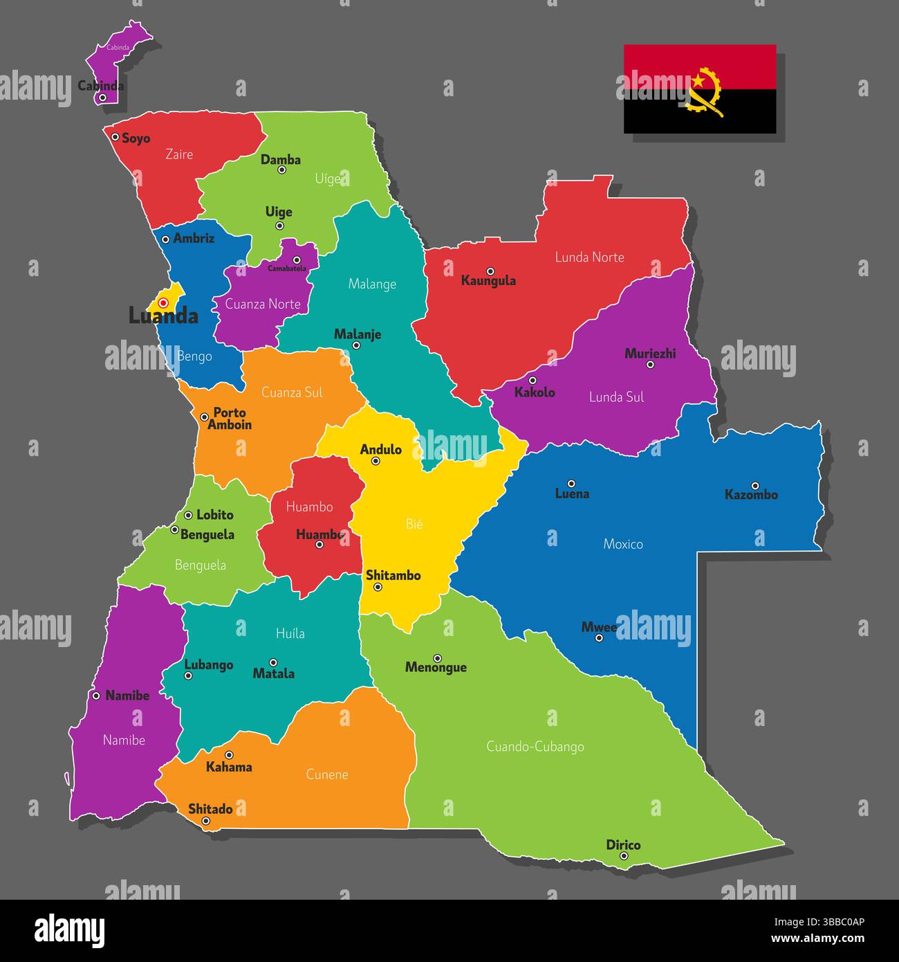 Vector map of Angola with names of cities and with borders city Stock ...